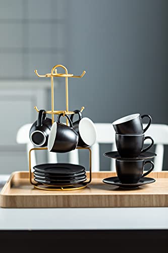 YHOSSEUN 3 Ounces Espresso Cups with Saucers Set, Porcelain Latte Cups and Metal Stand Demitasse Cups for Espresso, Latte, Cafe Mocha, Cappuccino and Tea, Set of 6, Black