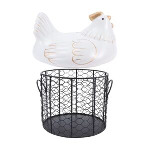 doitool iron eggs basket egg storage basket metal wire hen egg holder with white ceramic chicken lid hen shaped egg dispenser kitchen supplies for organizer store egg