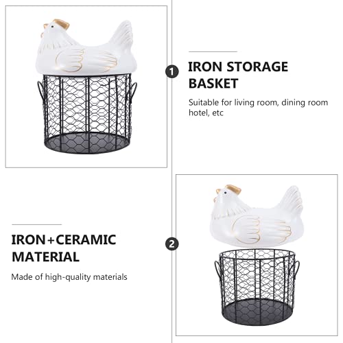 DOITOOL Iron Eggs Basket Egg Storage Basket Metal Wire Hen Egg Holder with White Ceramic Chicken Lid Hen Shaped Egg Dispenser Kitchen Supplies for Organizer Store Egg