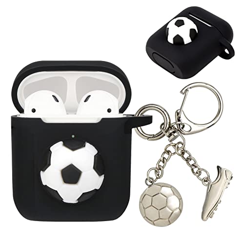 Wonhibo Soccer Airpods Case for Men Boys,Sport Cool Black Cover for Apple Airpod 1 & 2 with Keychain