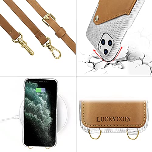 LUCKYCOIN for iPhone Xs Max Premium Fabric Top Grain Real Leather Slim Crossbody Phone Case with Card Holder Card Slot Adjustable & Detachable Leather Strap for Apple iPhone Xs Max 6.5 inch White