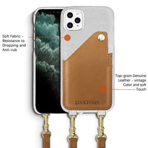 LUCKYCOIN for iPhone Xs Max Premium Fabric Top Grain Real Leather Slim Crossbody Phone Case with Card Holder Card Slot Adjustable & Detachable Leather Strap for Apple iPhone Xs Max 6.5 inch White