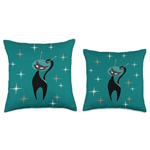 Isabella Machell MCM Retro Atomic Mid Century Modern Space Cat Turquoise Throw Pillow, 16x16, Multicolor