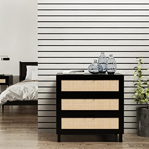 CREATIVELAND 3 Drawer Dresser, Oxford Rattan Chest of Drawers End Cabinets Storage Corner Bedside Table for Bedroom,Living Room,Entryway, Durable Modern Luxury Furniture Decorative (Black)