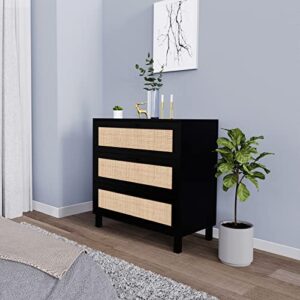 CREATIVELAND 3 Drawer Dresser, Oxford Rattan Chest of Drawers End Cabinets Storage Corner Bedside Table for Bedroom,Living Room,Entryway, Durable Modern Luxury Furniture Decorative (Black)