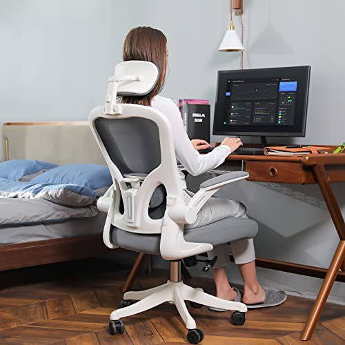 VANSPACE Ergonomic Office Chair High Back Executive Mesh Computer Desk Chair with Adjustable Lumbar Support Headrest and Flip-up Armrest Swivel Home Office Chair White