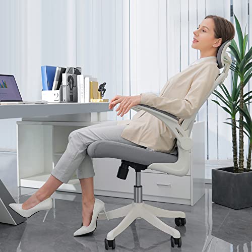 VANSPACE Ergonomic Office Chair High Back Executive Mesh Computer Desk Chair with Adjustable Lumbar Support Headrest and Flip-up Armrest Swivel Home Office Chair White