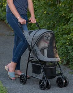 pet gear happy trails lite pet stroller for cats/dogs, zipper entry, easy fold with removable liner, safety tether, storage basket