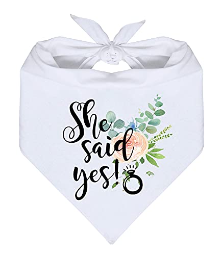 YHTWIN She Said Yes Wedding Dog Bandana, White Flower Pattern Cotton Triangle Dog Scarf, Dog Engagement Wedding Announcement Photo Props Accessories for Pet Dog Lovers Gifts