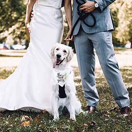 YHTWIN She Said Yes Wedding Dog Bandana, White Flower Pattern Cotton Triangle Dog Scarf, Dog Engagement Wedding Announcement Photo Props Accessories for Pet Dog Lovers Gifts