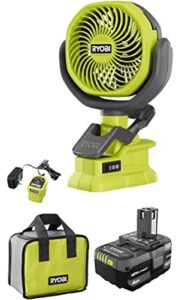 ryobi 18-volt personal battery powered clip fan kit with 4.0 ah battery, charger and bag kit