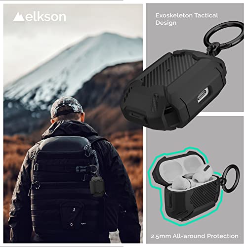 elkson Compatible with AirPods Pro Case, Secure Case Cover with Keychain Hard Shell Protective Bumper Carbon Fiber Full Body Shockproof for AirPod Pro, Black Exia Series Front LED Visible