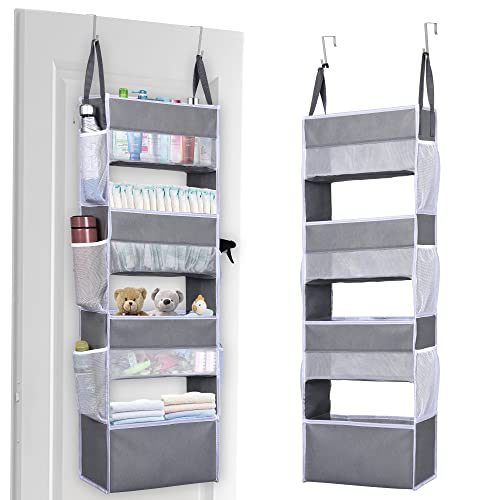 ULG Over Door Organizer with 4 Large Pockets 6 Mesh Side Pockets, 33 lbs Weight Capacity Hanging Storage Organizer with Clear Window for Bedroom Nursery, Baby Kids Toys, Diapers, Light Grey (1 Pack)