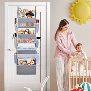 ULG Over Door Organizer with 4 Large Pockets 6 Mesh Side Pockets, 33 lbs Weight Capacity Hanging Storage Organizer with Clear Window for Bedroom Nursery, Baby Kids Toys, Diapers, Light Grey (1 Pack)