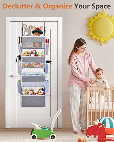 ULG Over Door Organizer with 4 Large Pockets 6 Mesh Side Pockets, 33 lbs Weight Capacity Hanging Storage Organizer with Clear Window for Bedroom Nursery, Baby Kids Toys, Diapers, Light Grey (1 Pack)