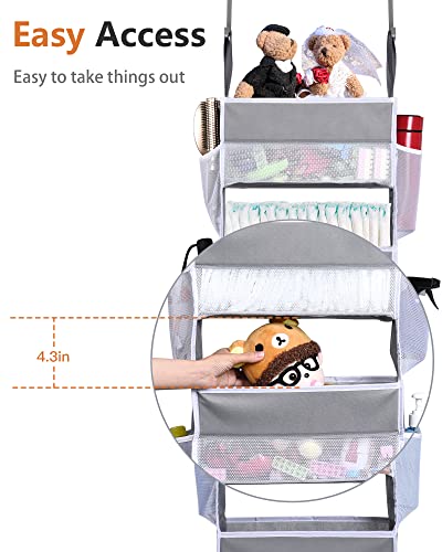 ULG Over Door Organizer with 4 Large Pockets 6 Mesh Side Pockets, 33 lbs Weight Capacity Hanging Storage Organizer with Clear Window for Bedroom Nursery, Baby Kids Toys, Diapers, Light Grey (1 Pack)