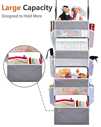 ULG Over Door Organizer with 4 Large Pockets 6 Mesh Side Pockets, 33 lbs Weight Capacity Hanging Storage Organizer with Clear Window for Bedroom Nursery, Baby Kids Toys, Diapers, Light Grey (1 Pack)