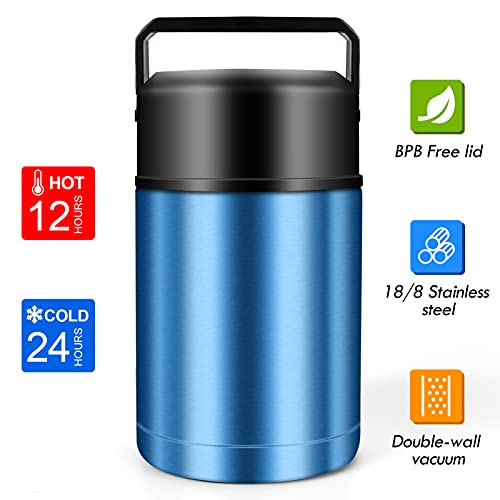 SSAWcasa Food Thermos,34oz Soup Thermos for Hot Food,Insulated Food Container,Wide Mouth Lunch Thermos Food Jar with Spoon,Leak Proof Stainless Steel Vacuum Thermal Bento Box Flask for Adult (Blue)