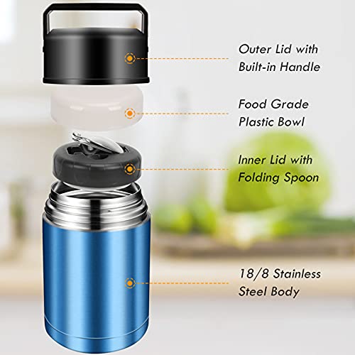 SSAWcasa Food Thermos,34oz Soup Thermos for Hot Food,Insulated Food Container,Wide Mouth Lunch Thermos Food Jar with Spoon,Leak Proof Stainless Steel Vacuum Thermal Bento Box Flask for Adult (Blue)