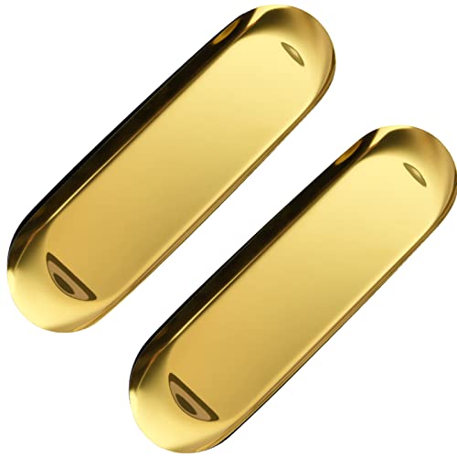 2 Pack Long Narrow Gold Rolling Metal Decorative Tray, 12 Inch Stainless Steel Golden Serving Tray, Oval Brass Vanity Tray Table Décor Platter for Jewelry, Towel, Bathroom, Desktop, Exxacttorch