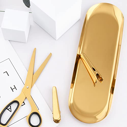 2 Pack Long Narrow Gold Rolling Metal Decorative Tray, 12 Inch Stainless Steel Golden Serving Tray, Oval Brass Vanity Tray Table Décor Platter for Jewelry, Towel, Bathroom, Desktop, Exxacttorch