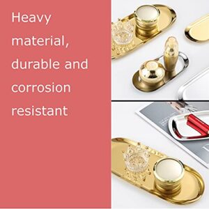 2 Pack Long Narrow Gold Rolling Metal Decorative Tray, 12 Inch Stainless Steel Golden Serving Tray, Oval Brass Vanity Tray Table Décor Platter for Jewelry, Towel, Bathroom, Desktop, Exxacttorch