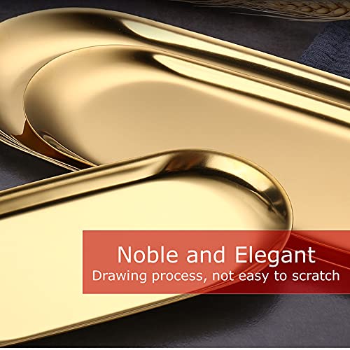 2 Pack Long Narrow Gold Rolling Metal Decorative Tray, 12 Inch Stainless Steel Golden Serving Tray, Oval Brass Vanity Tray Table Décor Platter for Jewelry, Towel, Bathroom, Desktop, Exxacttorch