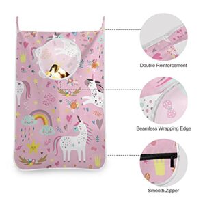 hengpai Kids Cute Hanging Laundry Hamper Bag Dirty Clothes Bag Basket Fabric Wash Bag with Door Wall Hooks,Childish White Unicorns Pink Flower