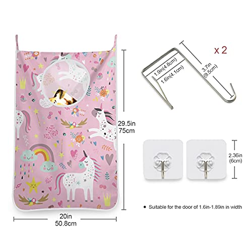 hengpai Kids Cute Hanging Laundry Hamper Bag Dirty Clothes Bag Basket Fabric Wash Bag with Door Wall Hooks,Childish White Unicorns Pink Flower