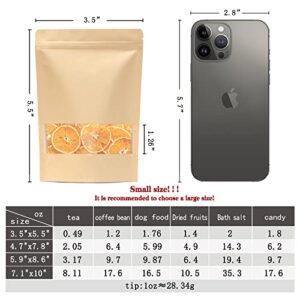 DMPACKDM 100Pcs Small Kraft Stand Up Pouch Bags, 3.5x5.5 Inches Kraft Stand Up Pouches with Window,Resealable Zip Lock, Heat-Sealable,Suitable for Home or Business