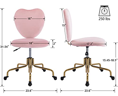 Wahson Velvet Upholstered Cute Home Office Desk Chair Armless, Modern Comfy Office Swivel Fabric Vanity Makeup Chair with Heart Shape Back, for Living Room, Bedroom, Rose Pink