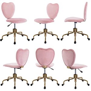 Wahson Velvet Upholstered Cute Home Office Desk Chair Armless, Modern Comfy Office Swivel Fabric Vanity Makeup Chair with Heart Shape Back, for Living Room, Bedroom, Rose Pink