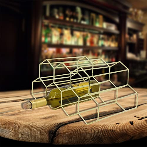 HOMOKUS Wine Rack Countertop Metal Wine Holder 9 Bottles Tabletop Wine Rack Storage Wine Shelf Portable Wine Cabinet Freestanding Wine Holder for Bar Counter Restaurant Table and Living Room (Gold)