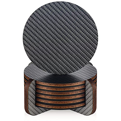 Modern Coasters for Drinks| Premium Carbon & Wood Coaster | Unique Geometric Design | Protects Wooden Table | Unique Gift in Luxury Gift Box (Carbon Round with Holder)