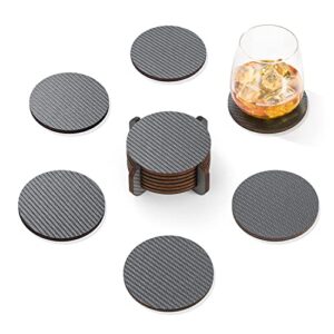 Modern Coasters for Drinks| Premium Carbon & Wood Coaster | Unique Geometric Design | Protects Wooden Table | Unique Gift in Luxury Gift Box (Carbon Round with Holder)