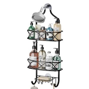 gaokase hanging shower caddy over shower head, black rust proof metal large bathroom organizer for shampoo, conditioner, body wash, soap, razors, shower sponge, loofahs and bath rack