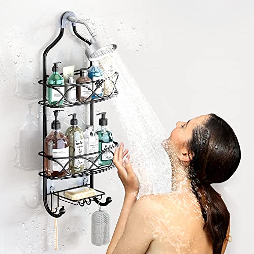 GAOKASE Hanging Shower Caddy Over Shower Head, Black Rust Proof Metal Large Bathroom Organizer for Shampoo, Conditioner, Body Wash, Soap, Razors, Shower Sponge, Loofahs and Bath Rack