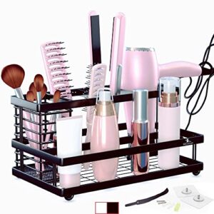 premium hair tool organizer wall mount, hair basket, 5 compartments, stainless steel. large bathroom sink organizer countertop. hair dryer storage organizer under sink. hair utensil holder. black