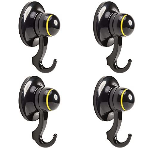 KiahLoc Patented Yellow Ring Indicator Suction Cup Hooks, Kitchen Hooks Removable Wall Vacuum Holder for Smooth Tile, Glass and Mirror( 4 Pack) (#56 (6.6 LB), Black)