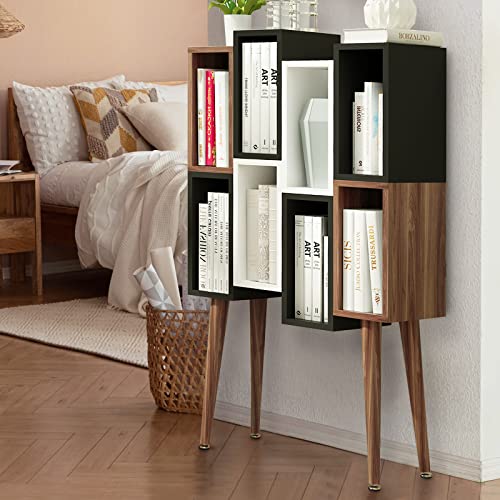 Arts wish Modern Bookshelf 8 Cube Modern Bookcase with Legs Mid Century Bookshelf Leg Bookcase Floor Standing Bookcase for Living Room Home Office Bedroom, Walnut