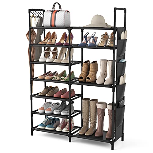 VTRIN Shoe Rack Shoe Organizer 7 Tier Shoe Rack for Entryway Holds 24-28 Pairs Shoe and Boots Shelf Organizer Storage Organizer Durable Metal with Side Hanging Shoe Pockets for Bedroom Black