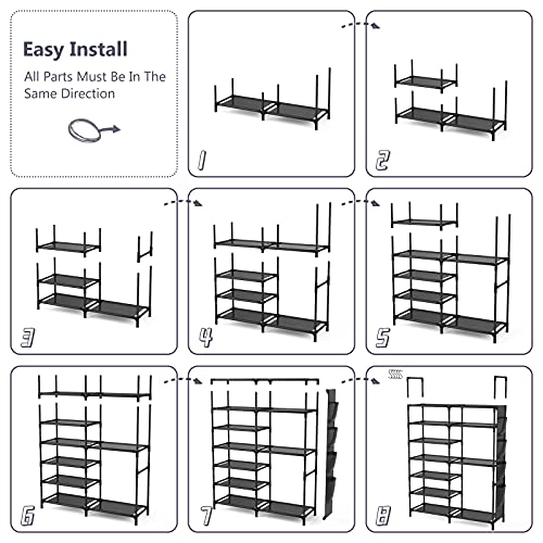 VTRIN Shoe Rack Shoe Organizer 7 Tier Shoe Rack for Entryway Holds 24-28 Pairs Shoe and Boots Shelf Organizer Storage Organizer Durable Metal with Side Hanging Shoe Pockets for Bedroom Black