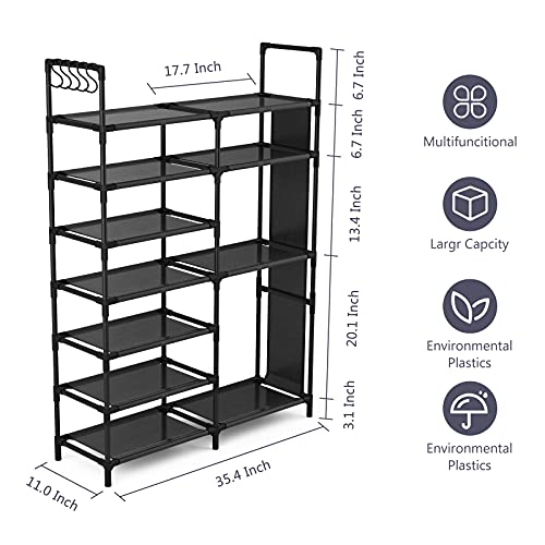 VTRIN Shoe Rack Shoe Organizer 7 Tier Shoe Rack for Entryway Holds 24-28 Pairs Shoe and Boots Shelf Organizer Storage Organizer Durable Metal with Side Hanging Shoe Pockets for Bedroom Black