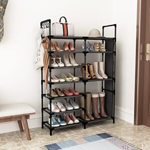 VTRIN Shoe Rack Shoe Organizer 7 Tier Shoe Rack for Entryway Holds 24-28 Pairs Shoe and Boots Shelf Organizer Storage Organizer Durable Metal with Side Hanging Shoe Pockets for Bedroom Black