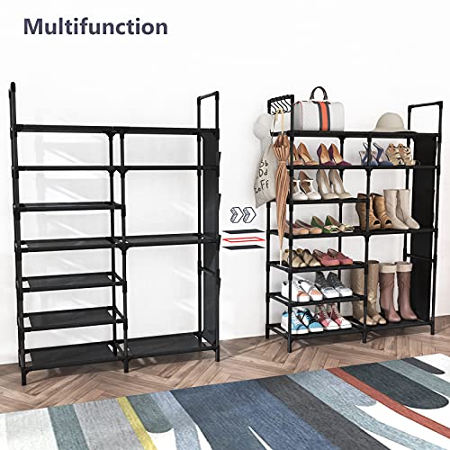 VTRIN Shoe Rack Shoe Organizer 7 Tier Shoe Rack for Entryway Holds 24-28 Pairs Shoe and Boots Shelf Organizer Storage Organizer Durable Metal with Side Hanging Shoe Pockets for Bedroom Black