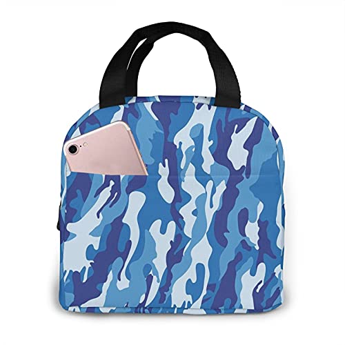 Blue Camo Lunch Bag for Men Women Insulated Cooler Tote Reusable Lunchbox with Front Pocket Large Containers Work Picnic Fishing