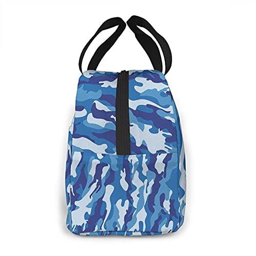 Blue Camo Lunch Bag for Men Women Insulated Cooler Tote Reusable Lunchbox with Front Pocket Large Containers Work Picnic Fishing