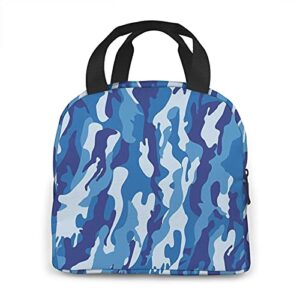 Blue Camo Lunch Bag for Men Women Insulated Cooler Tote Reusable Lunchbox with Front Pocket Large Containers Work Picnic Fishing