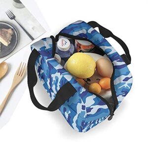 Blue Camo Lunch Bag for Men Women Insulated Cooler Tote Reusable Lunchbox with Front Pocket Large Containers Work Picnic Fishing