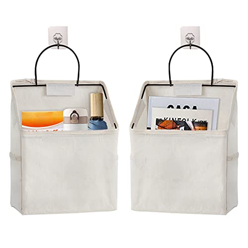 Fun Land Set of 2 Wall Hanging Organizer Bag, Over Door Hanging Storage Basket Organizing, Foldable Wall Container Handle, Waterproof Wall Holder 2 Hooks Bedroom, Bathroom, Office, Beige (GD-001-2)